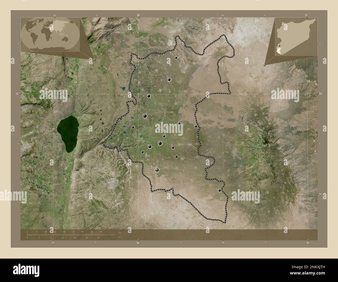 Dar`a, province of Syria. High resolution satellite map. Locations of major cities of the region ...